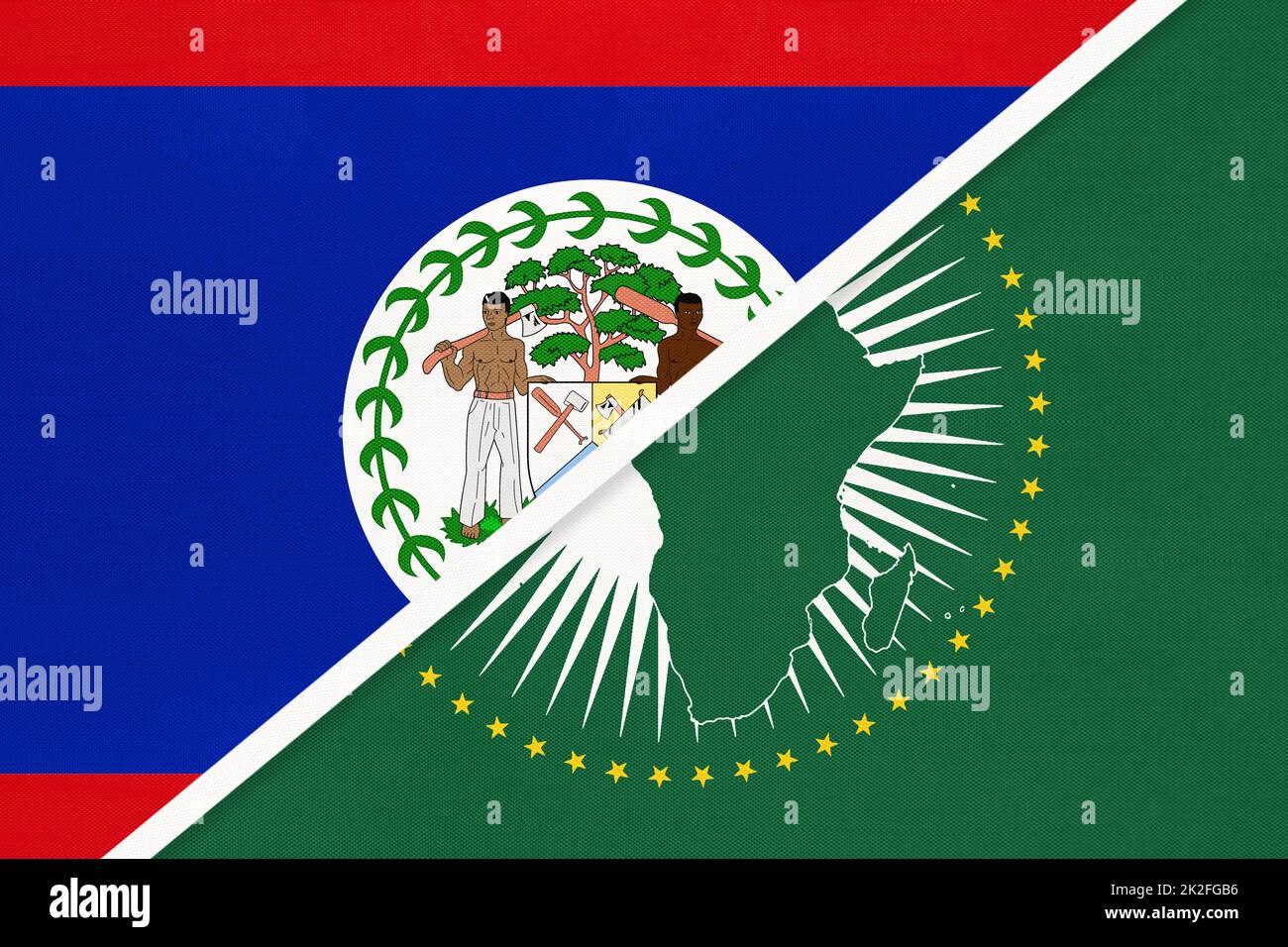 African Union and Belize, national flag from textile. Africa continent ...