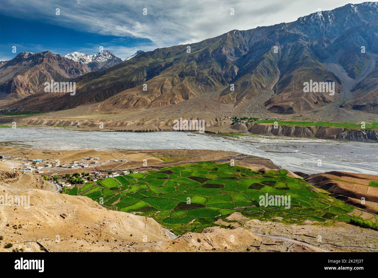View of Spiti valley and Spiti river in Himalayas , India Stock Photo ...