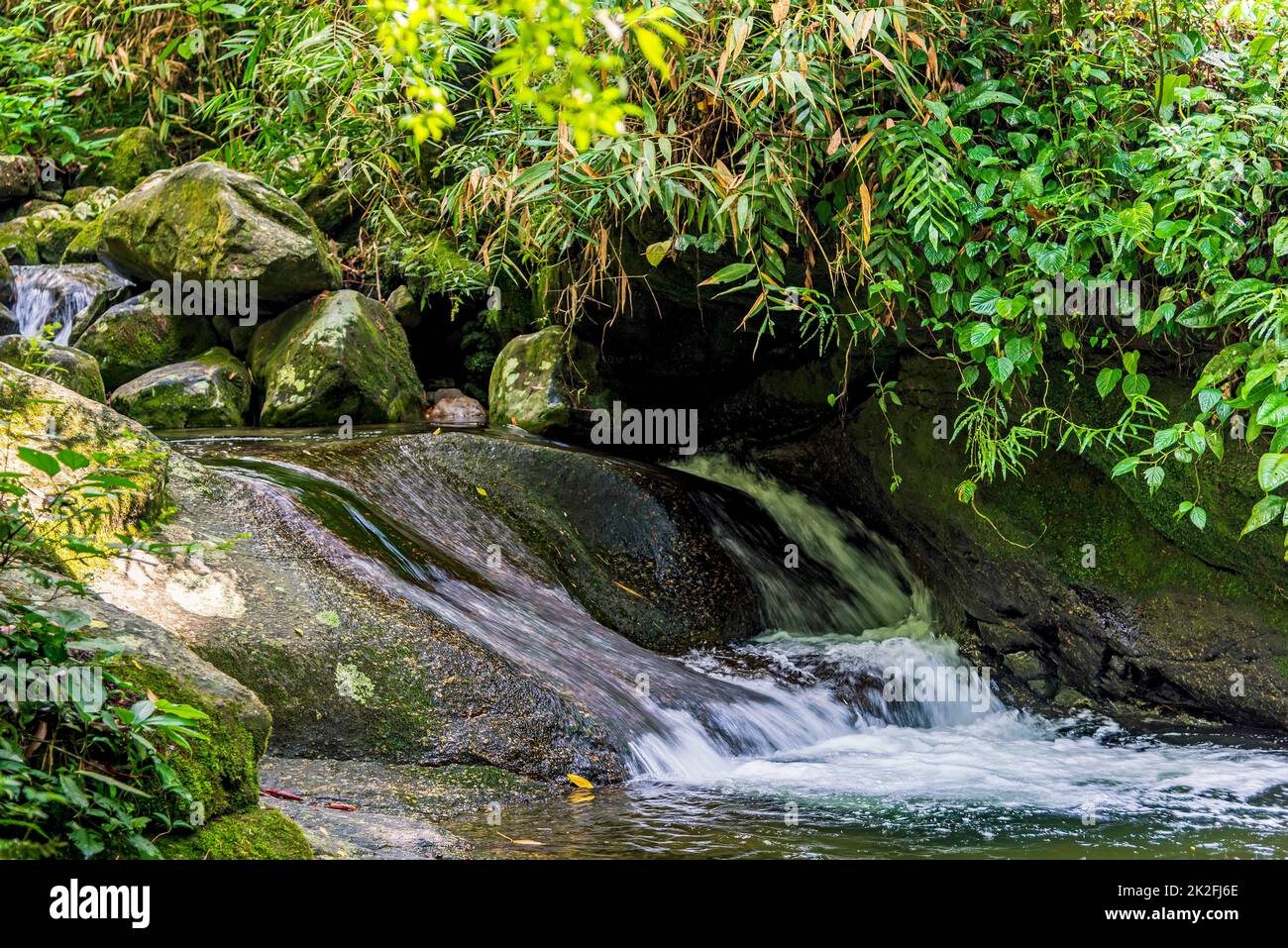 Cascade and mossy rocks among the vegetation of the tropical forest in ...