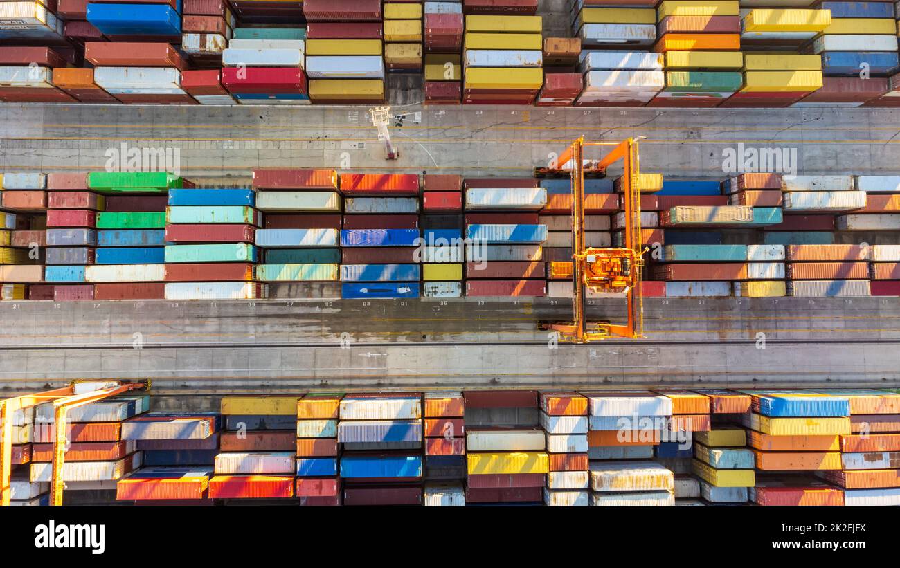 Aerial view of shipping container port terminal. Colourful pattern of ...
