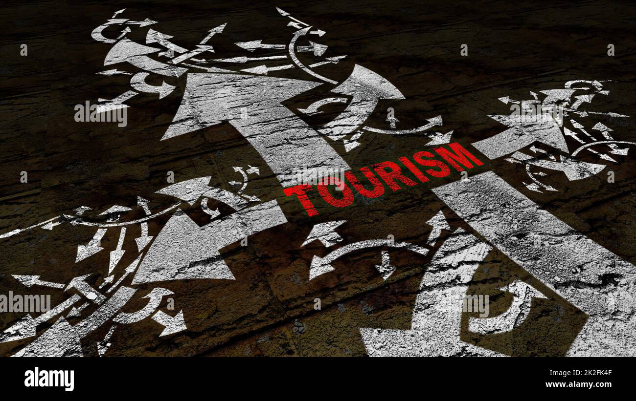 Tourism text on a crossroad in different ways of arrows on grunge ...