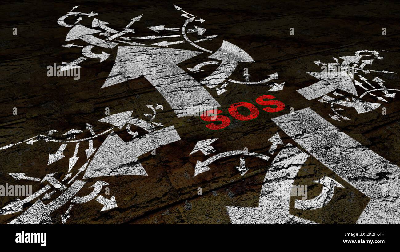 SOS text on a crossroad in different ways of arrows on grunge ...
