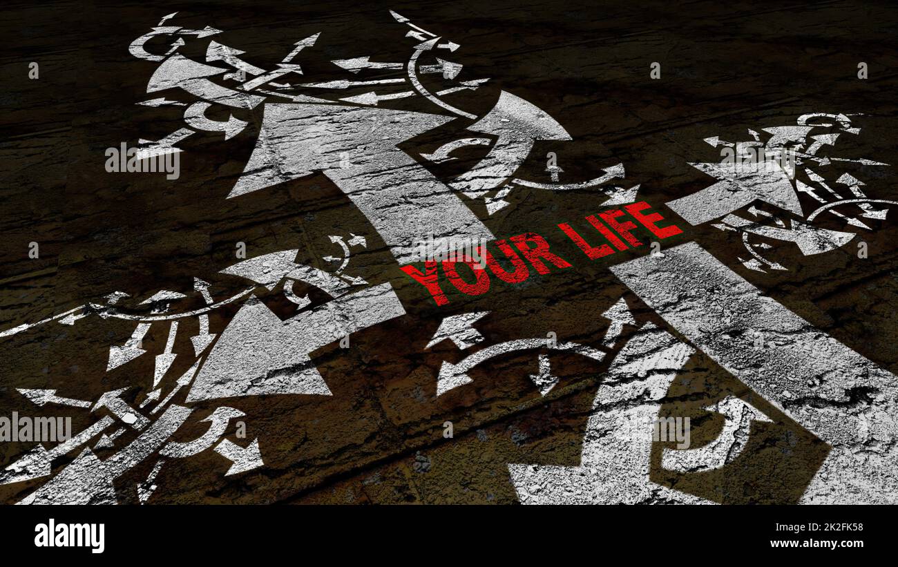 Life path text on a crossroad in different ways of arrows on grunge ...