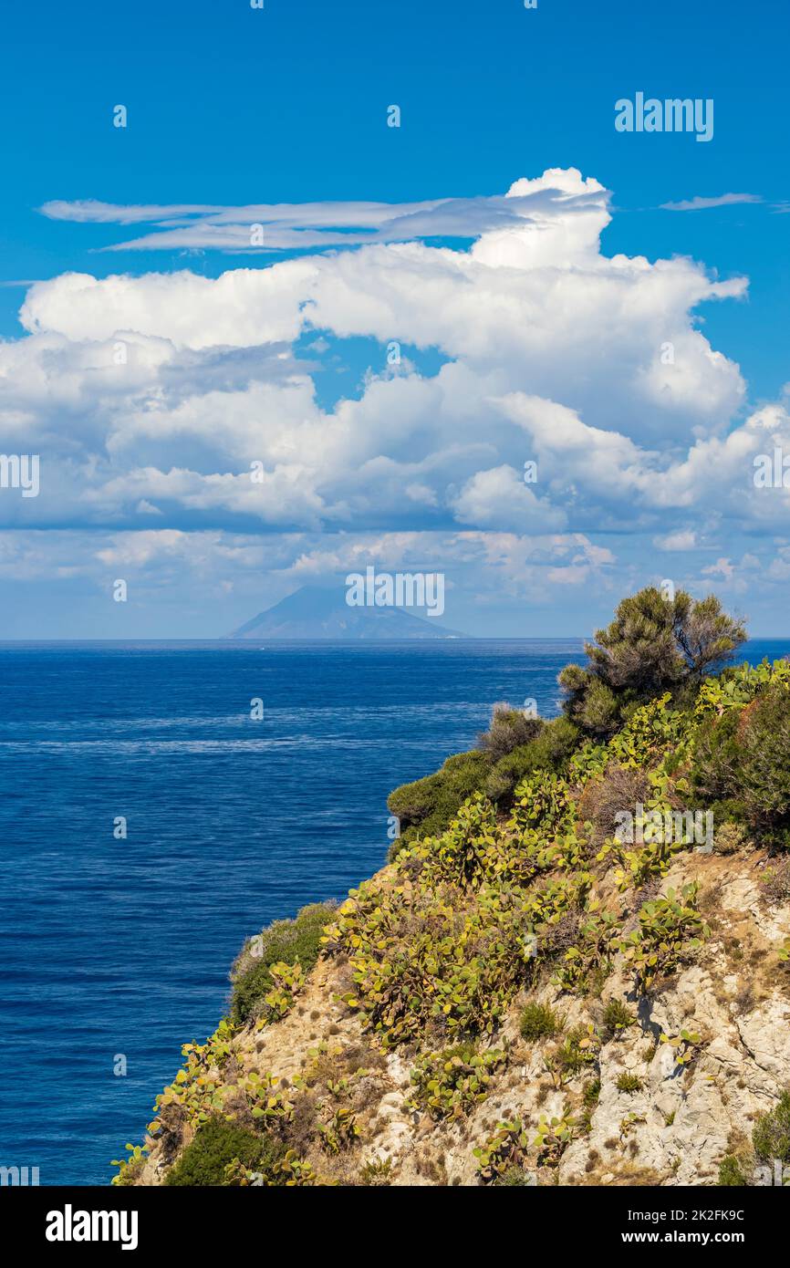 Rock cliff of cape Capo Vaticano with Aeolian Islands, Tyrrhenian Sea ...