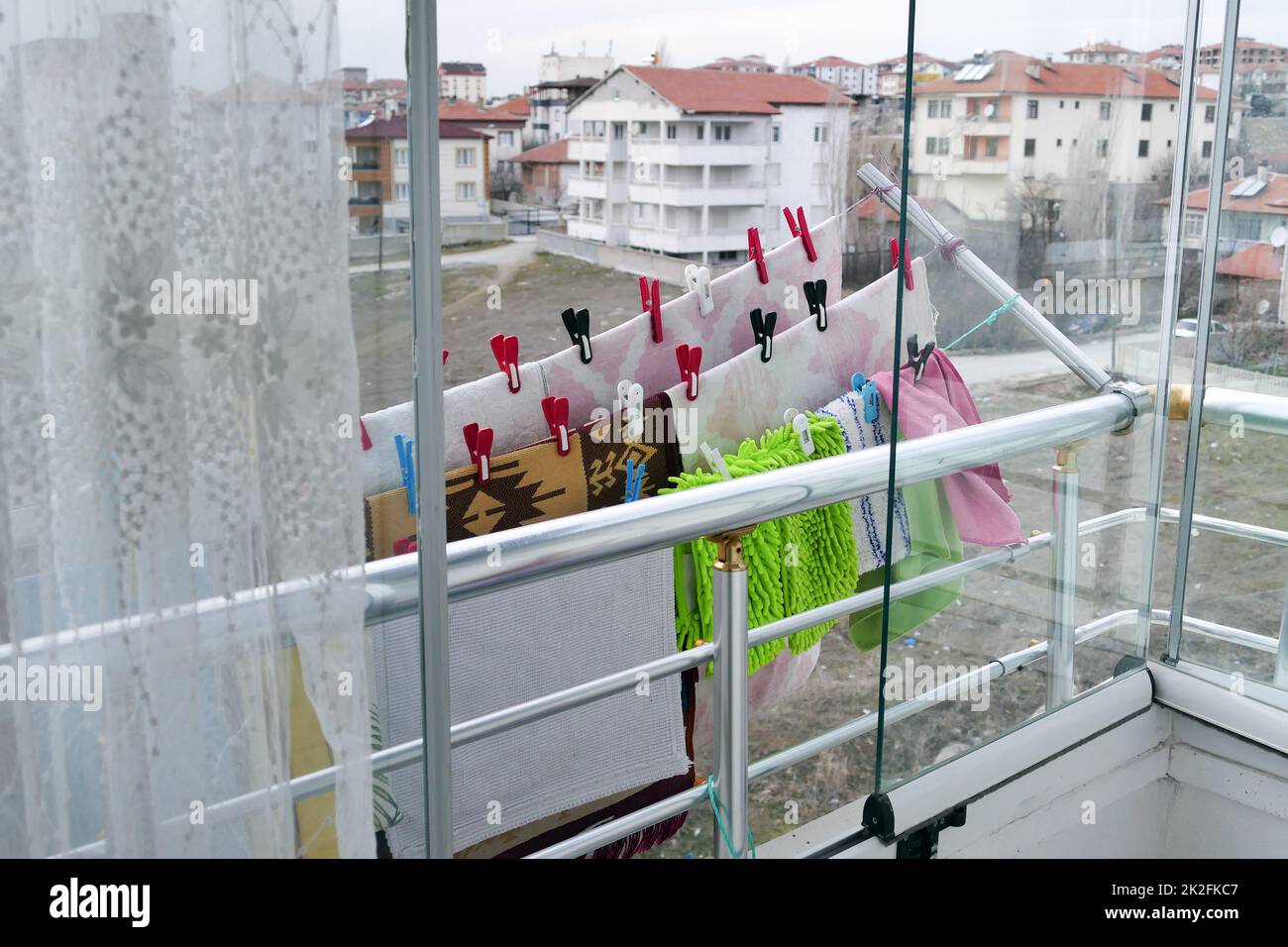 laundry hanging to dry on the balcony, manual laundry drying Stock ...