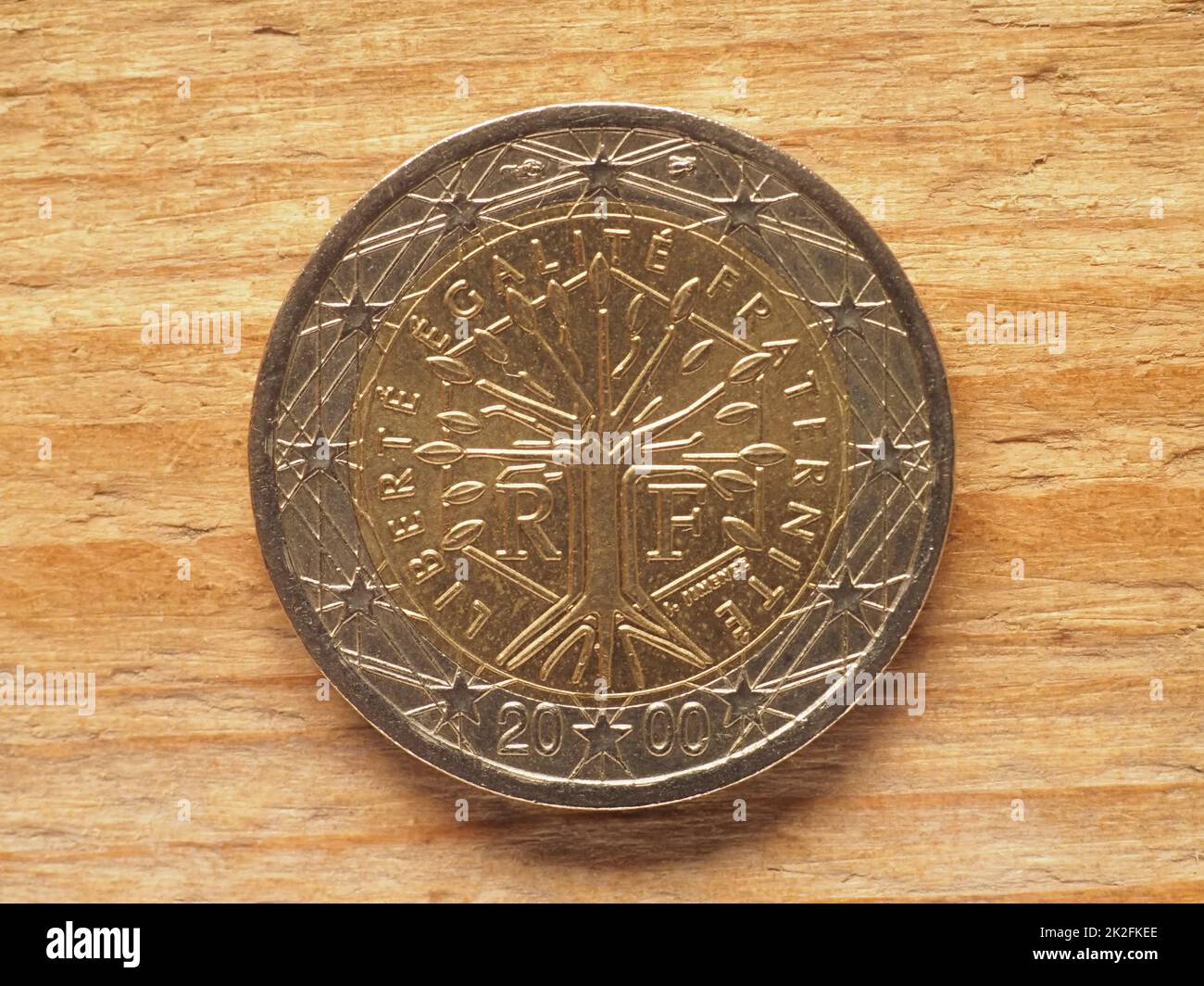 2 euro coin showing a tree, currency of France, EU Stock Photo - Alamy