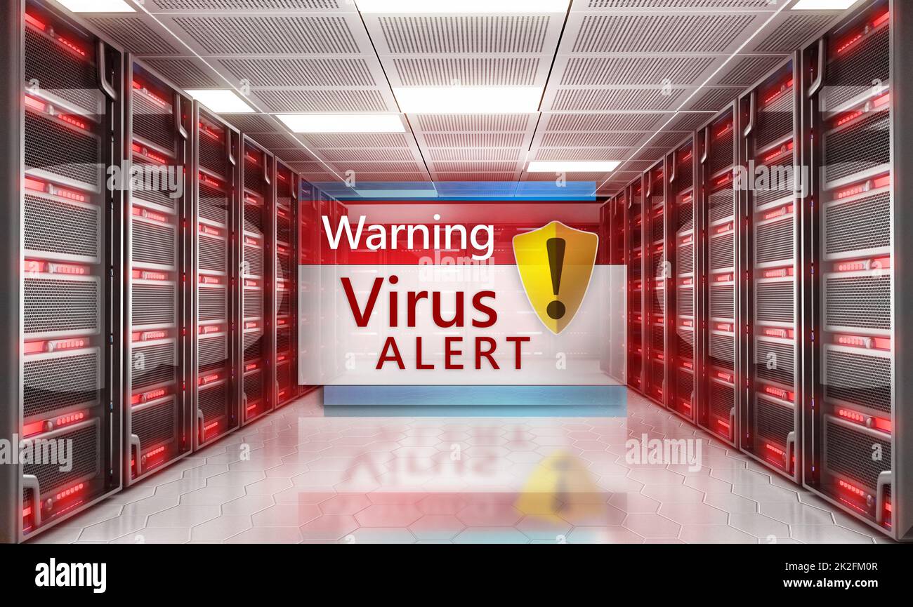 Virus alert message pop up window among network servers in a row. 3D ...