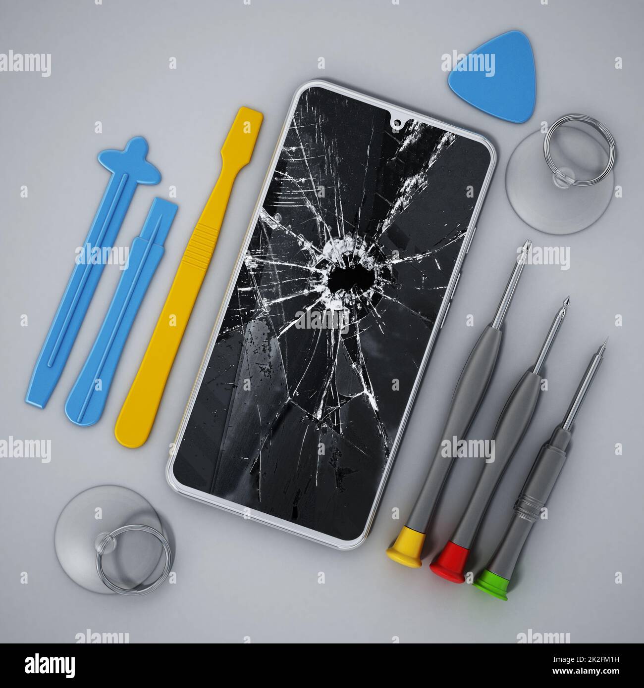 Repair tools and smartphones with broken screens isolated on gray ...