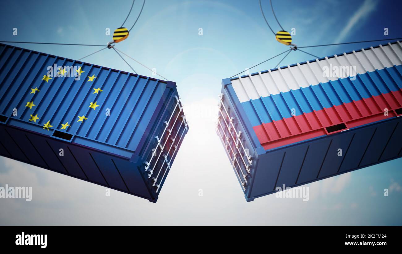 Clashing cargo containers with European Union and Russia flags. 3D ...