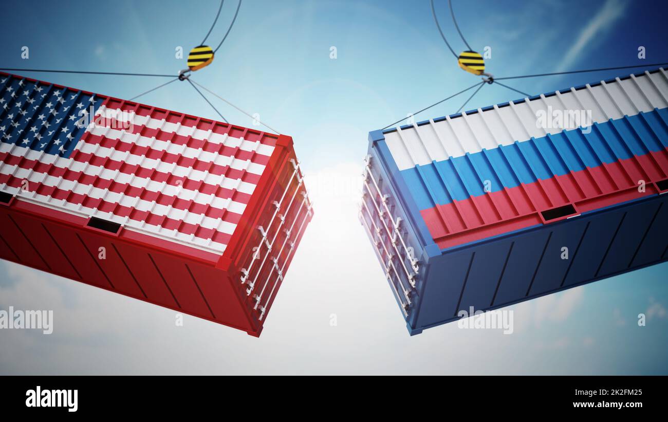 Clashing cargo containers with USA and Russia flags. 3D illustration Stock Photo - Alamy