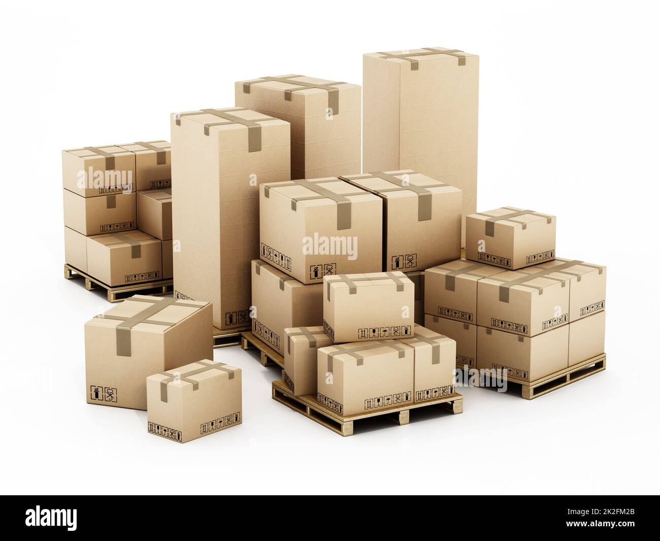 Stack of cardboard boxes isolated on white background. 3D illustration ...