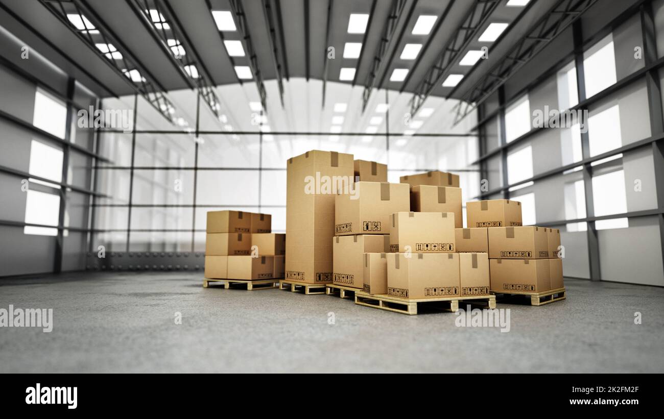 Stack of cardboard boxes inside the warehouse. 3D illustration Stock ...