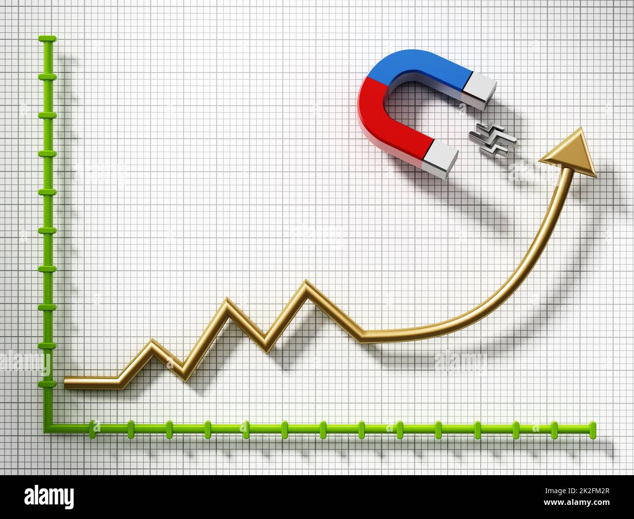Horseshoe magnet pulling arrow symbol upwards on a business chart. 3D ...
