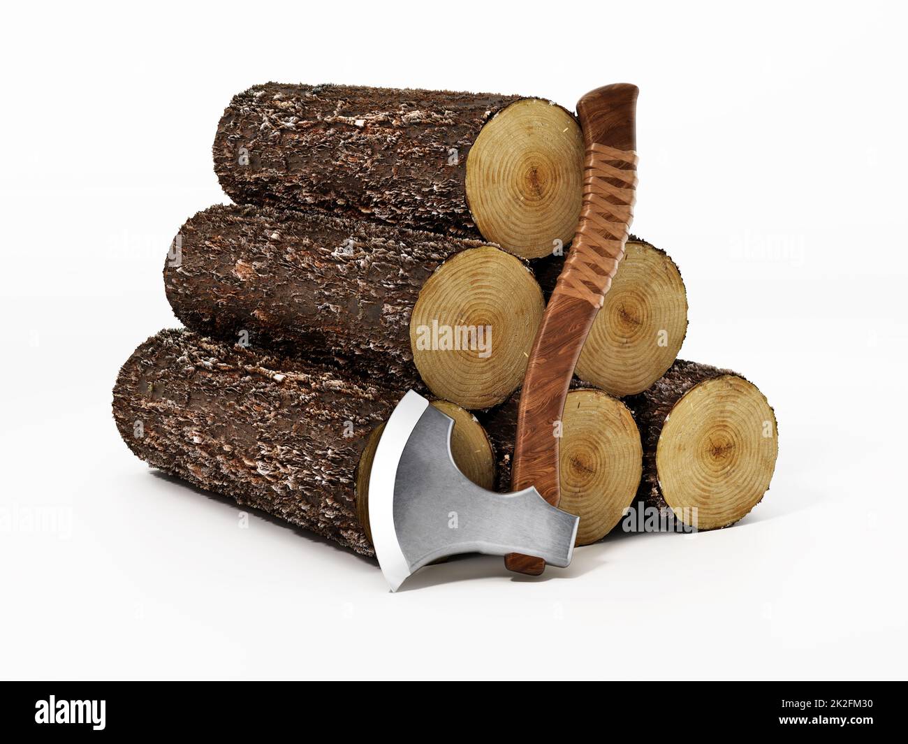 Wood logs and axe isolated on white background. 3D illustration Stock ...