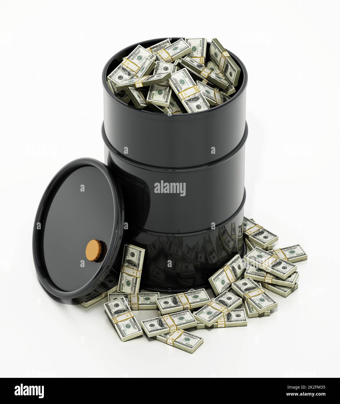 Oil barrel full of 100 Dollar bills. 3D illustration Stock Photo - Alamy