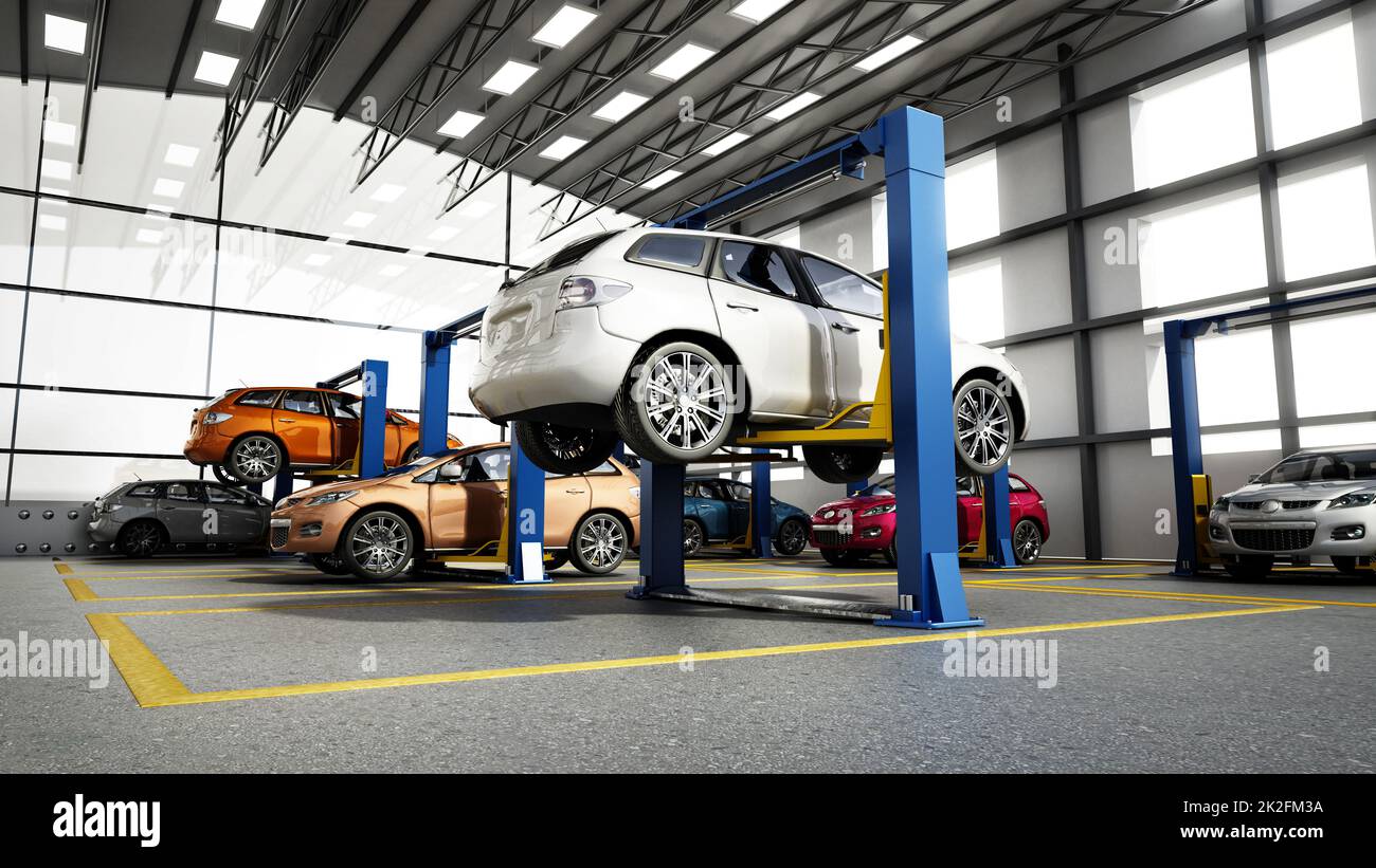 Automobile repair shop or car repair garage interior with cars on the lifts. 3D illustration ...
