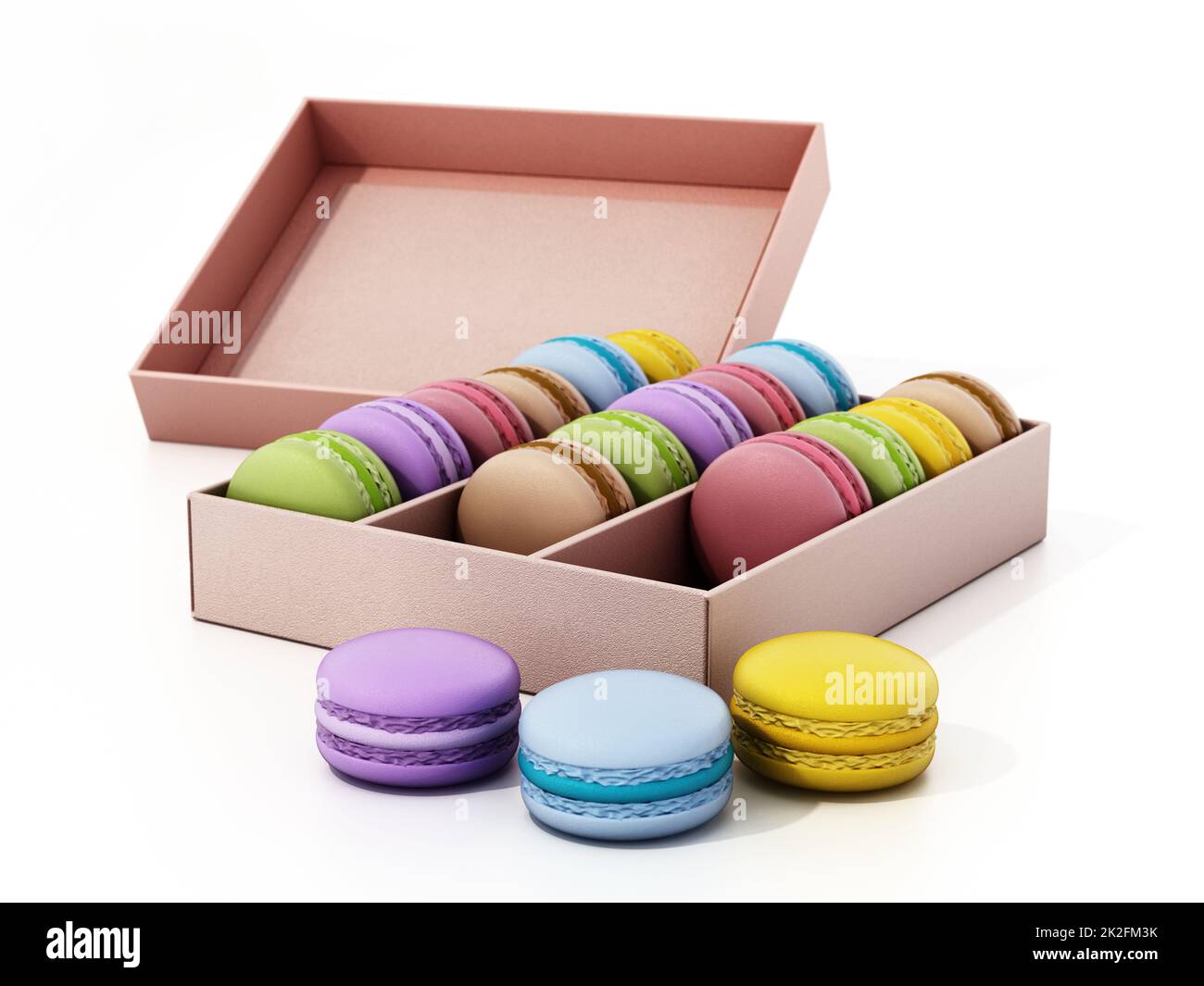 Group of colorful macarons in the box isolated on white background. 3D ...
