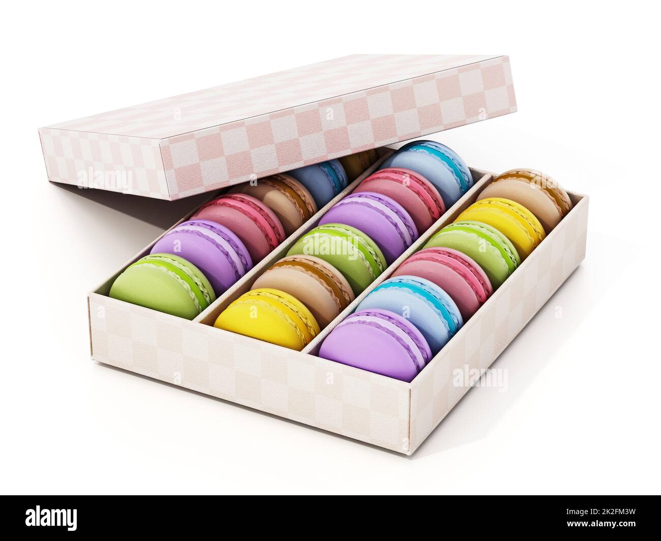 Group of colorful macarons in the box isolated on white background. 3D ...