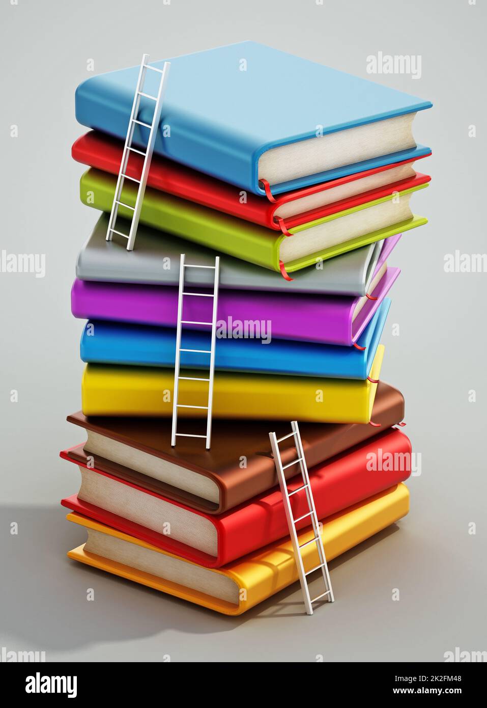 Ladders and heap of colorful books. 3D illustration Stock Photo - Alamy