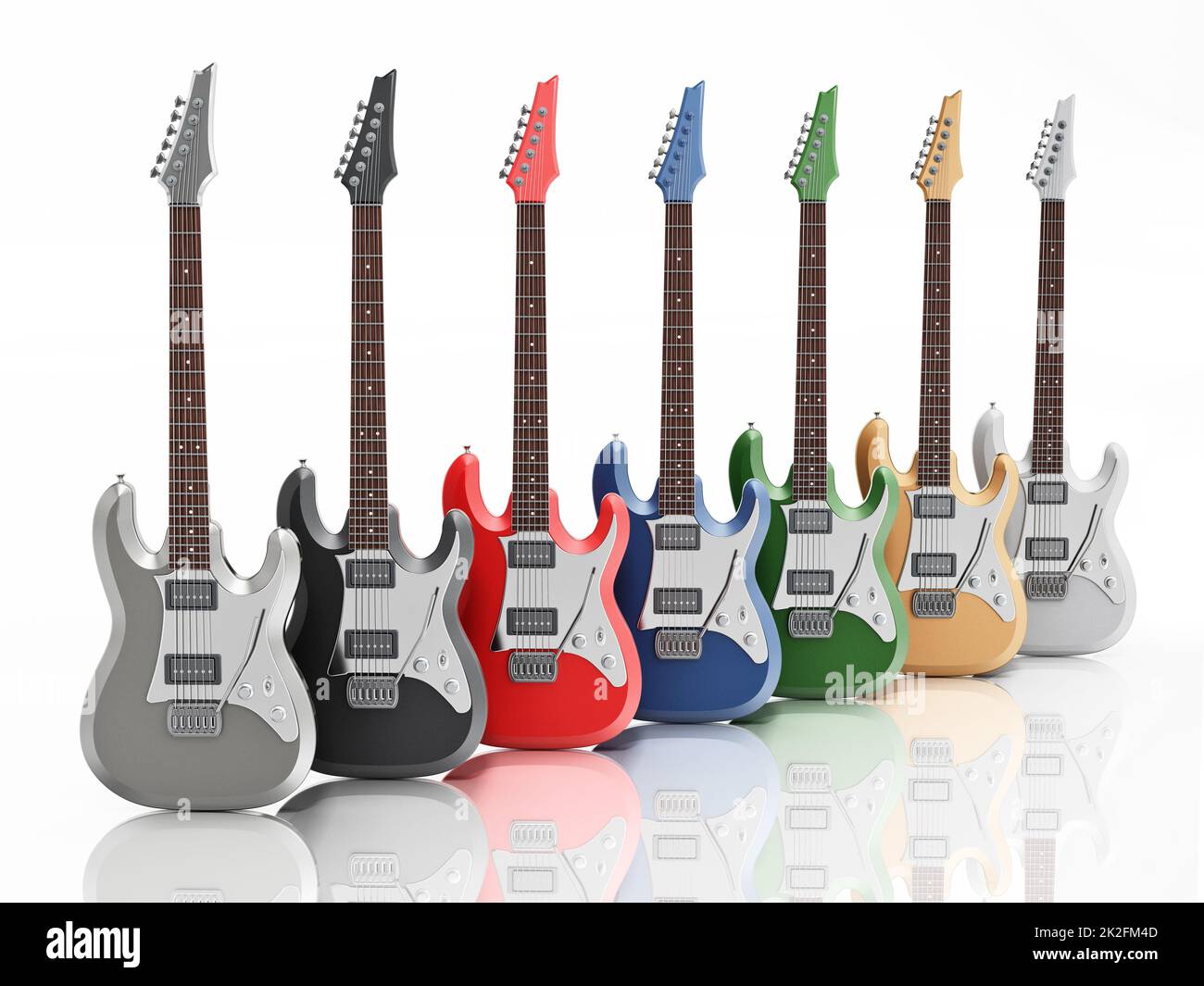 Generic colorful electric guitars isolated on white background. 3D ...