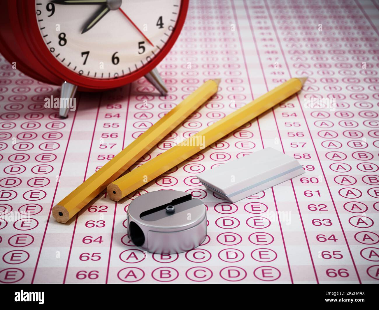 Optical test paper, alarm clock, eraser, pencil and sharpener. 3D ...