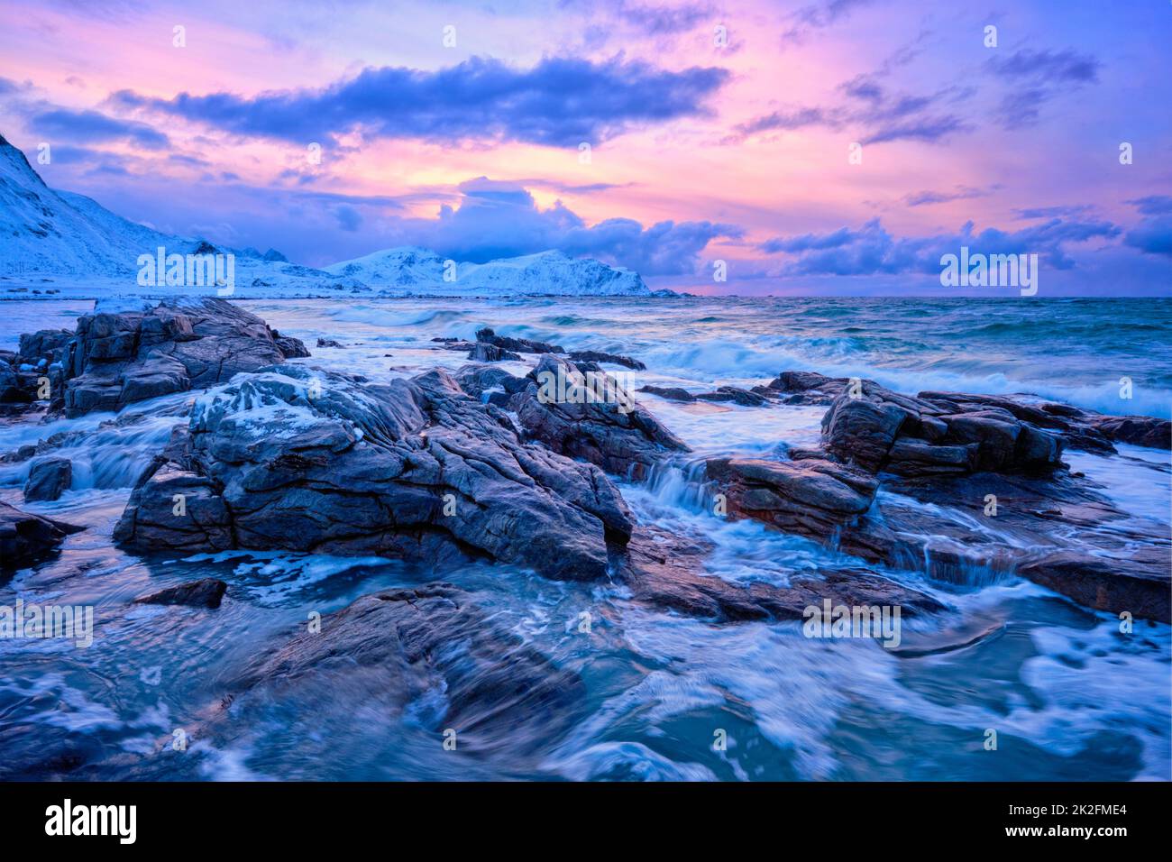 Norwegian Sea waves on rocky coast of Lofoten islands, Norway Stock ...