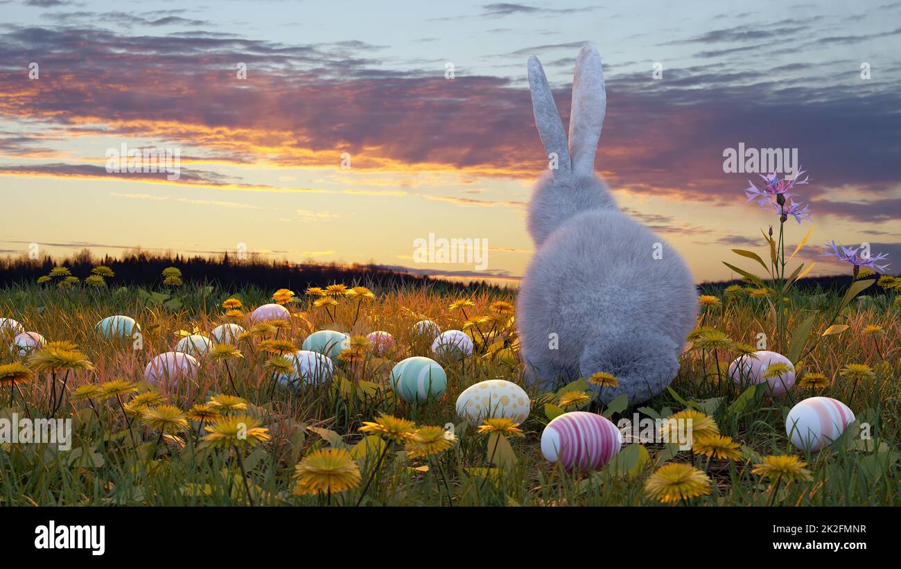 easter bunny rabbit decorated eggs in spring meadow sunset light and flowers 3D illustration ...