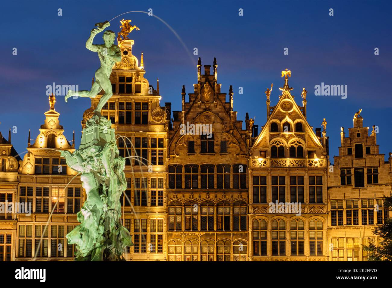 Antwerp Grote Markt with famous Brabo statue and fountain at night ...