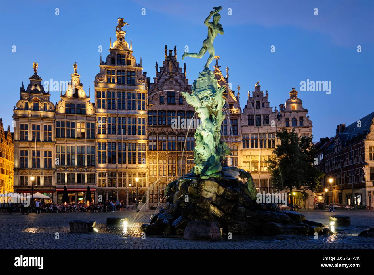 Antwerp Grote Markt with famous Brabo statue and fountain at night ...
