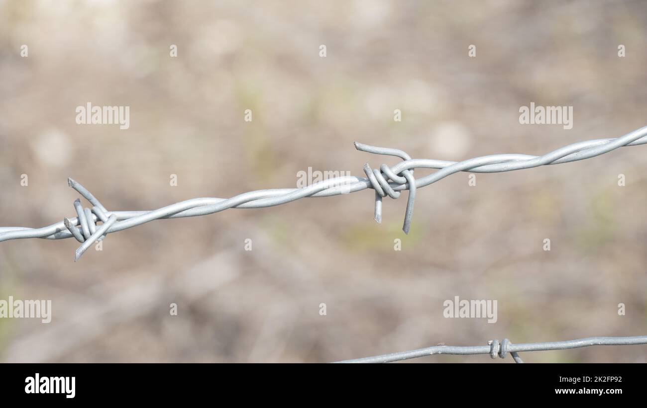 Barbed wire. Part of guarding farm fence. A close up of a barbed wire ...