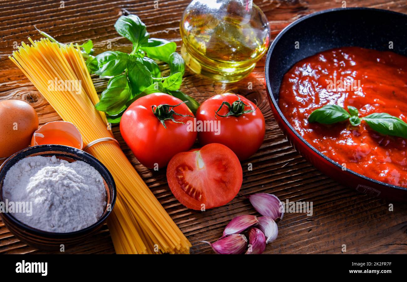 Composition with dried spaghetti, and pasta ingredients Stock Photo - Alamy