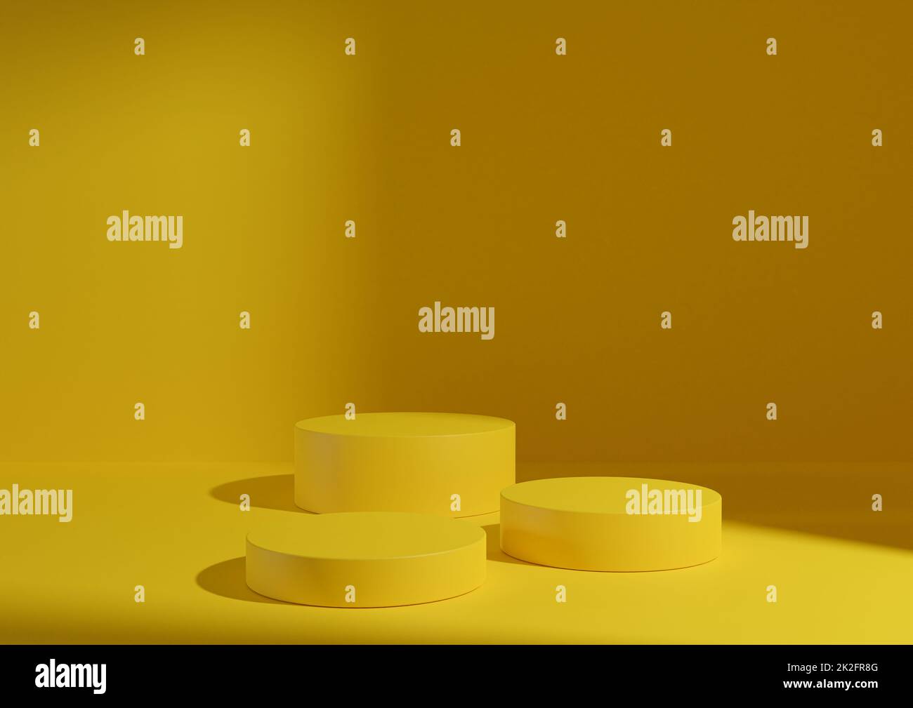 Three bright, sunny yellow podiums or stands on background for product ...