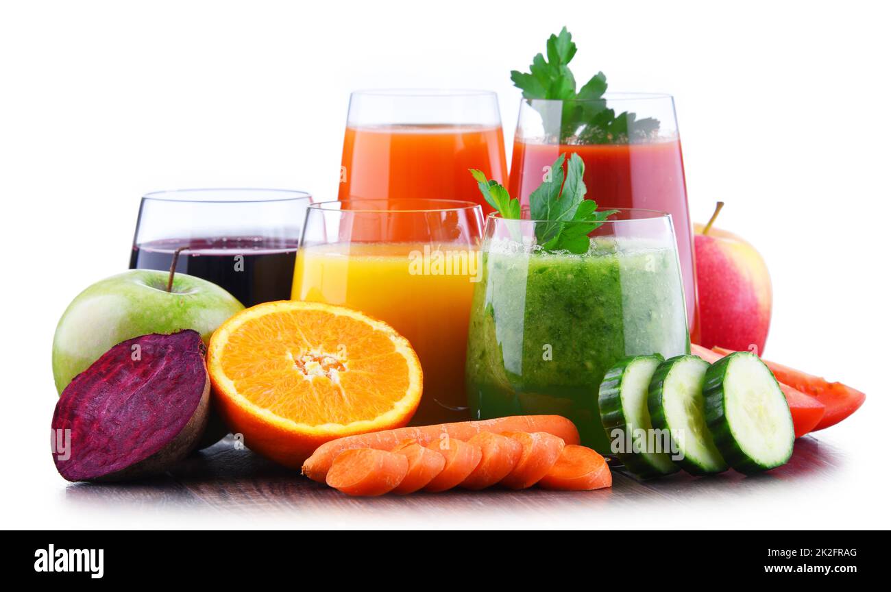 Glasses with fresh organic vegetable and fruit juices Stock Photo - Alamy