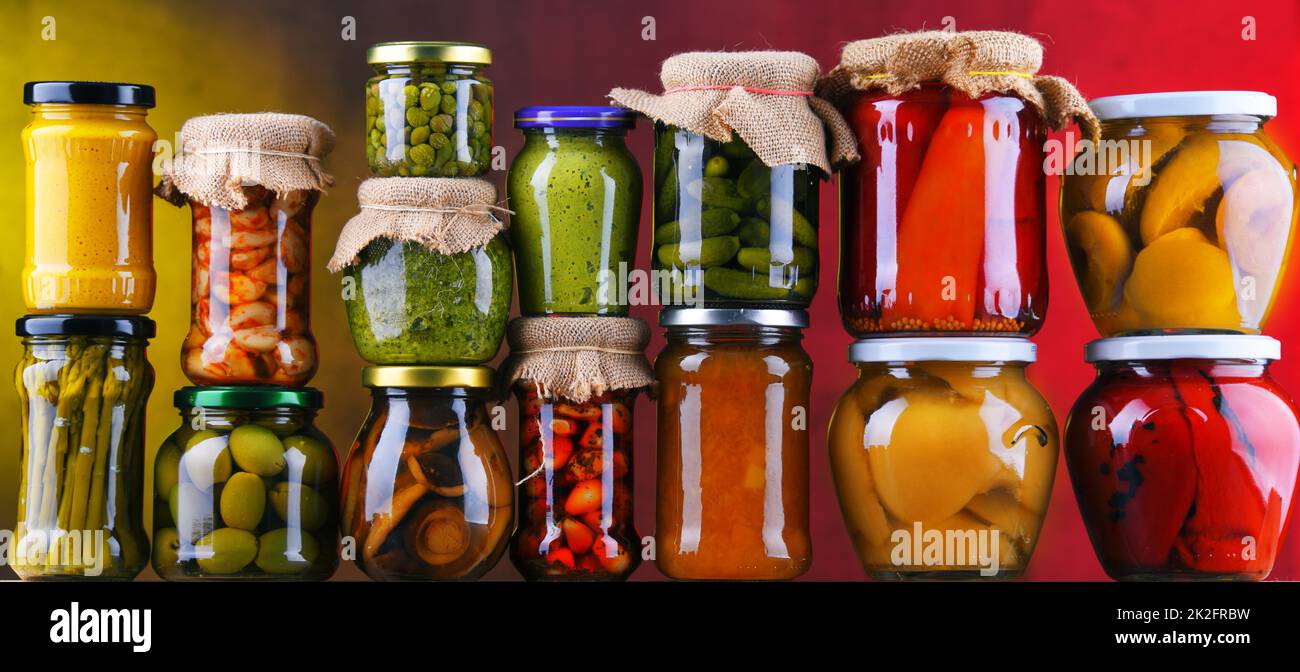 Jars with variety of pickled vegetables and fruits Stock Photo - Alamy