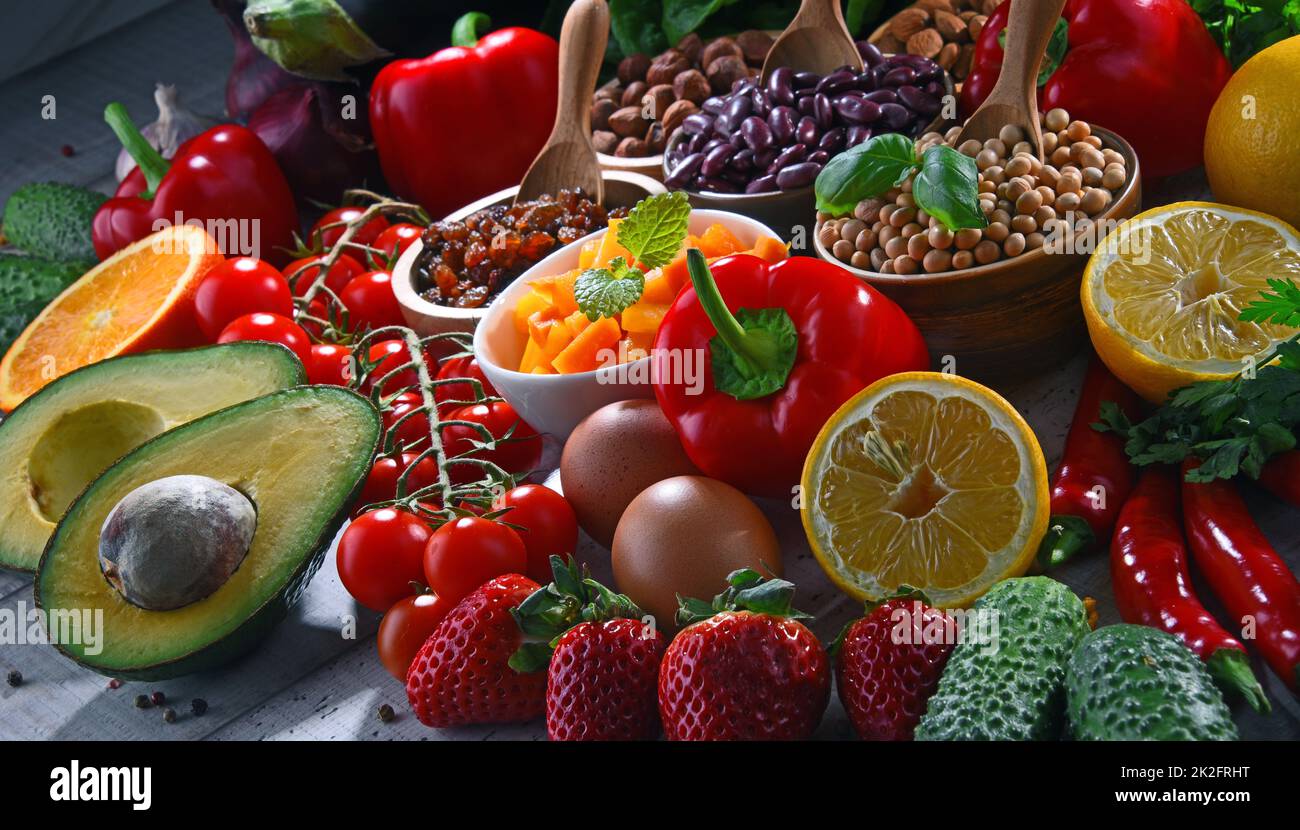 Assorted organic food products on the table Stock Photo - Alamy