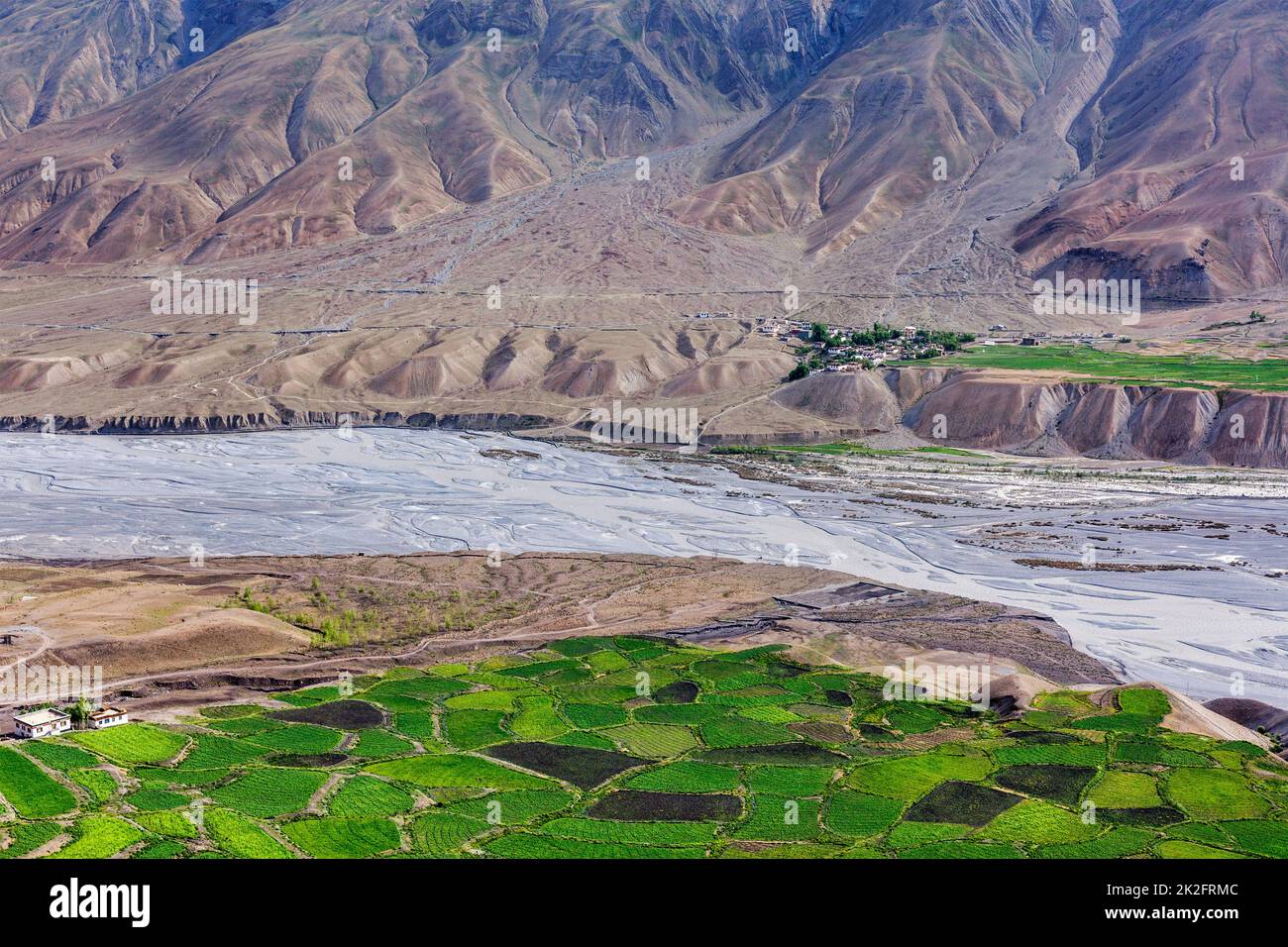 View of Spiti valley with green fields. Himachal Pradesh, India Stock ...
