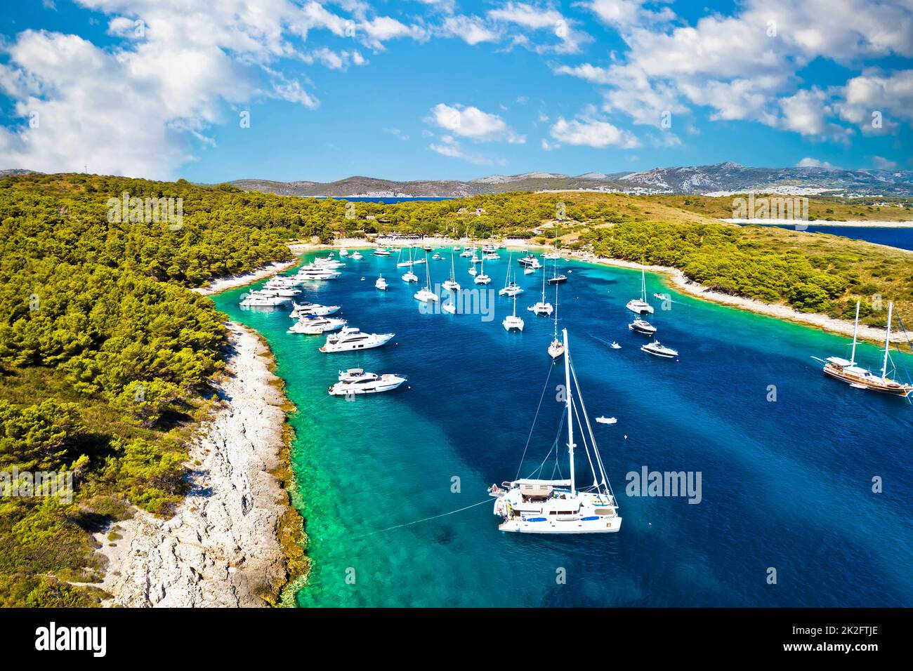 Aerial panoramic view of Palmizana, sailing cove and turquoise beach on ...