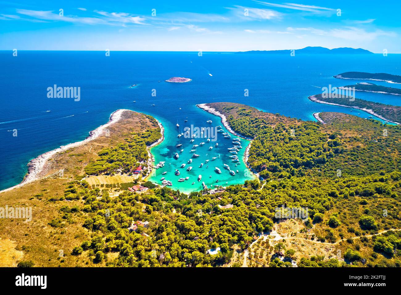 Aerial panoramic view of Palmizana, sailing cove and turquoise beach on ...