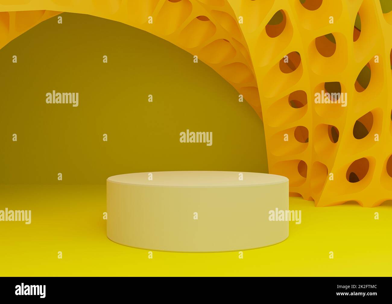 Bright, neon yellow 3D rendering product display with cylinder stand or podium and futuristic ...