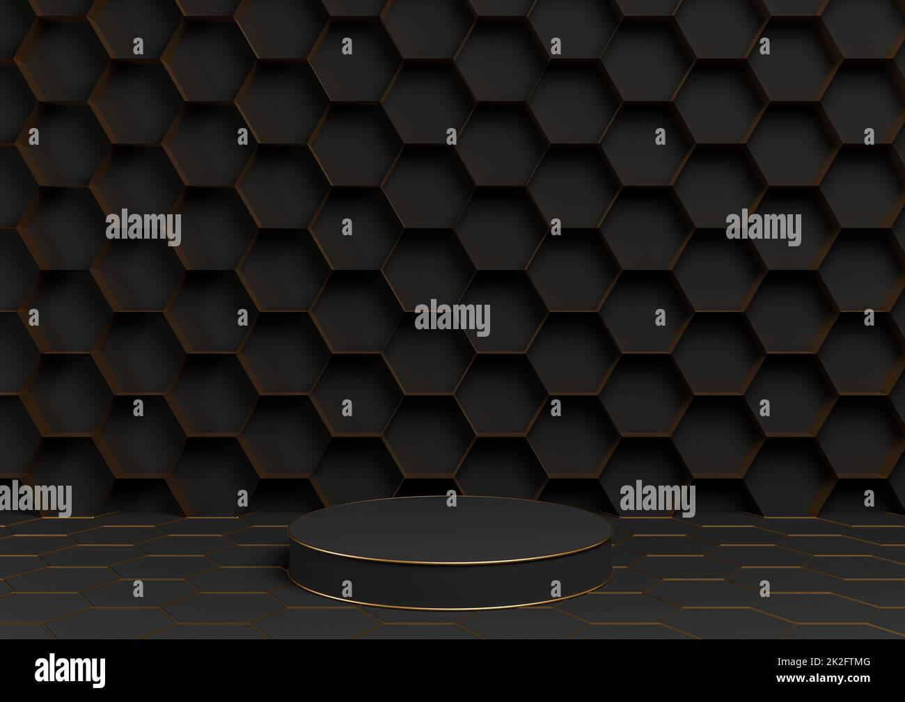 Black, dark gray, black and white 3D rendering product display podium luxurious golden honeycomb ...