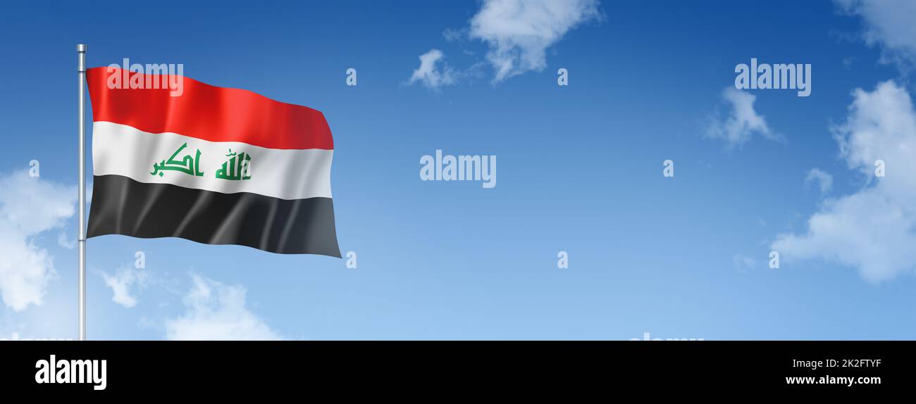 Iraqi flag isolated on a blue sky. Horizontal banner Stock Photo - Alamy