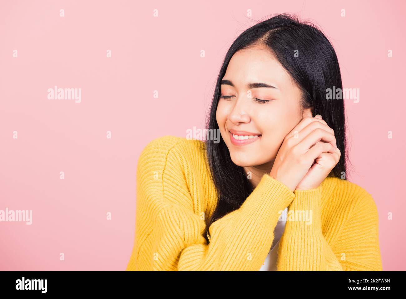 cheerful mixed race woman smile shy satisfied expression Stock Photo ...