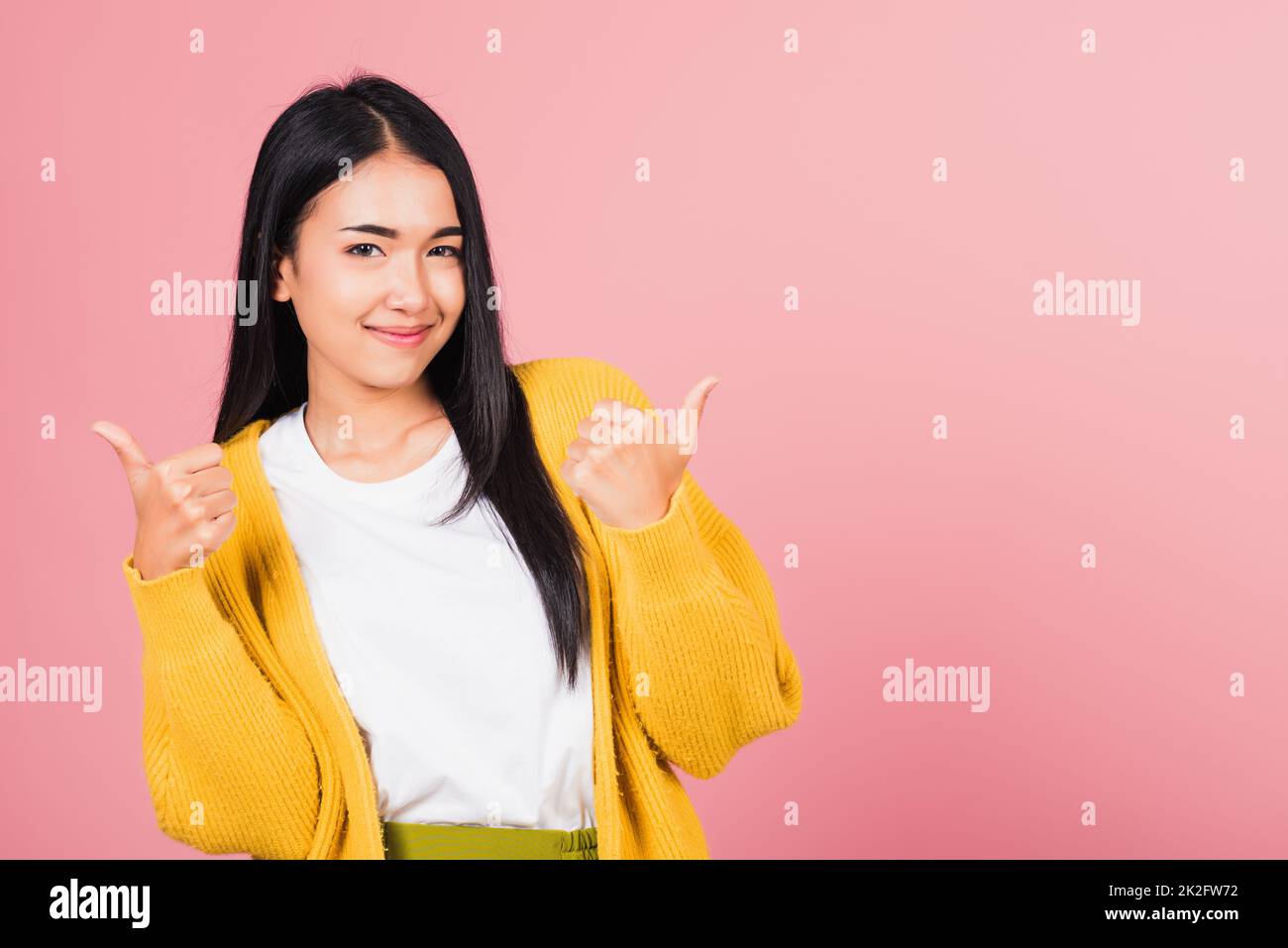 Portrait Asian beautiful young woman smile she standing made finger ...
