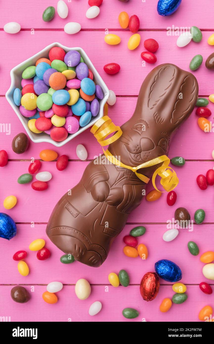 Delicious Easter chocolate bunny, eggs and sweets Stock Photo - Alamy