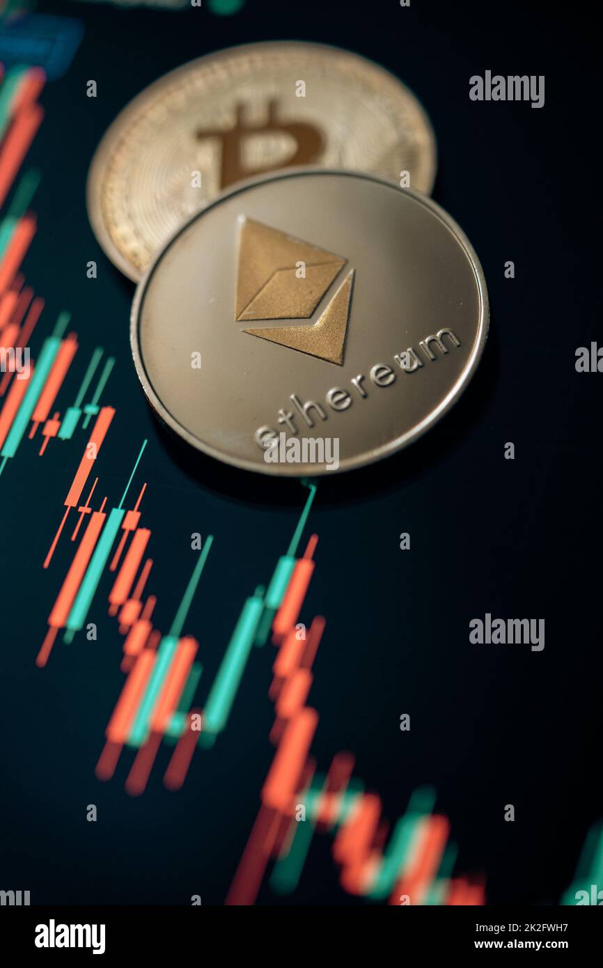 Silver Bitcoin and Ethereum with candle stick graph chart and digital ...