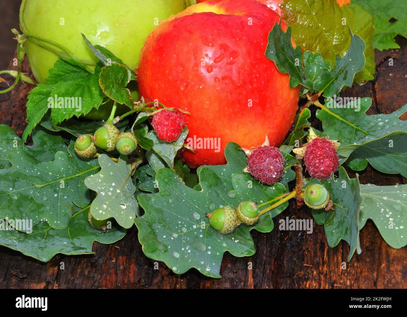 Ripe apple, red raspberry and oak leaves Stock Photo - Alamy
