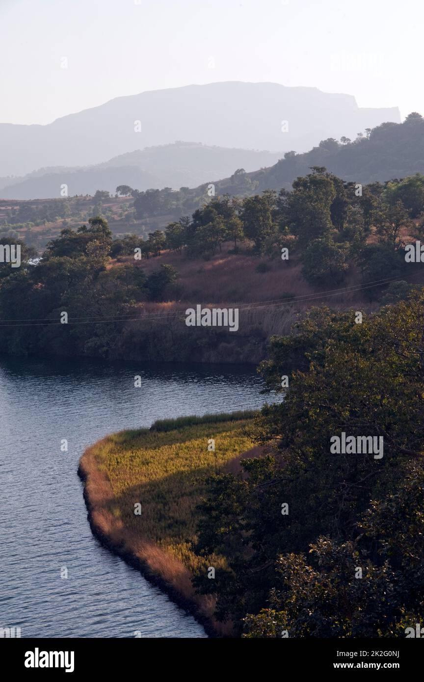 Arthur Lake and hills of Sahayadri at Bhandardara taluka Akole district ...