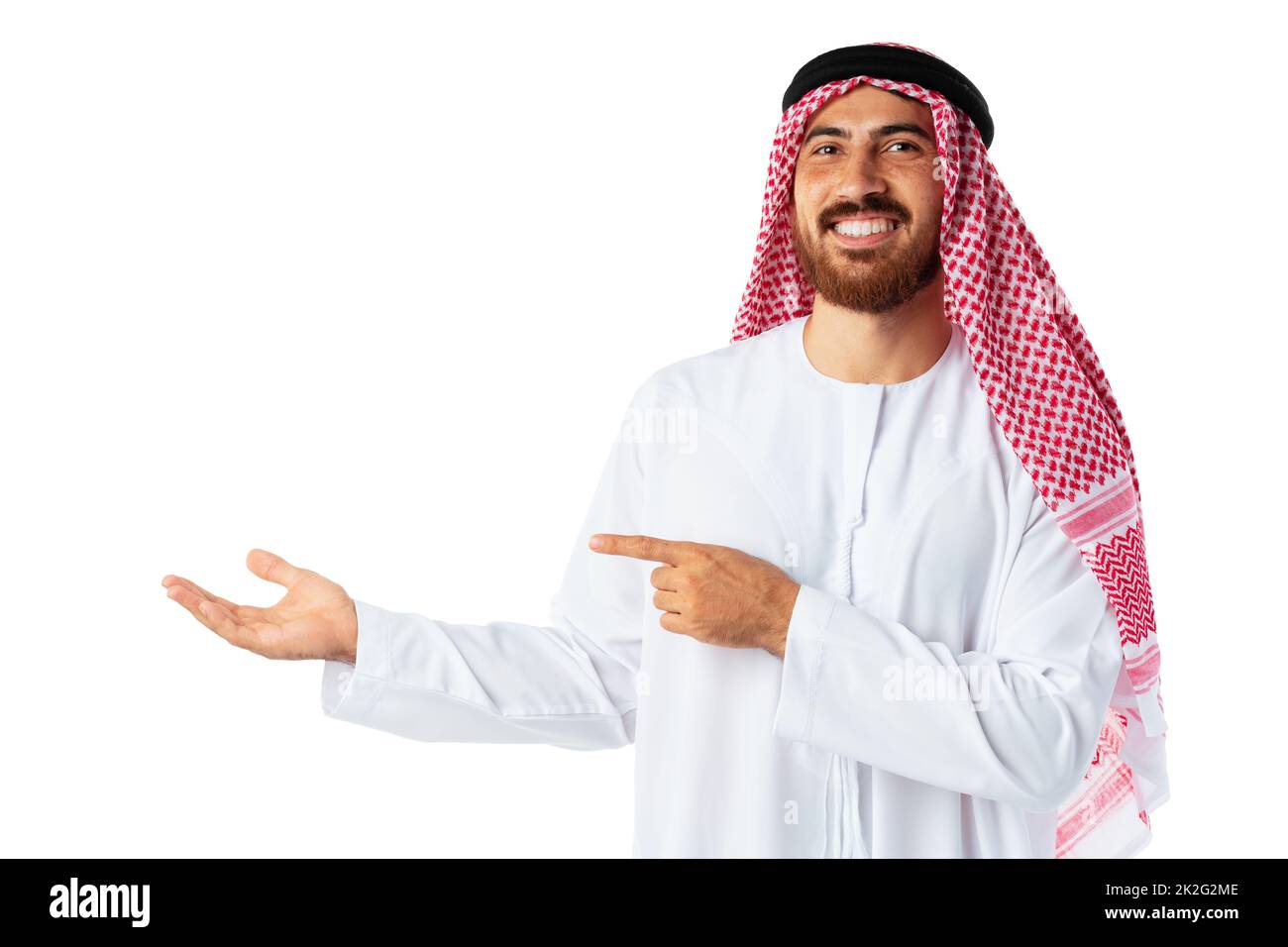 Young Arab man pointing hand isolated on white background Stock Photo ...