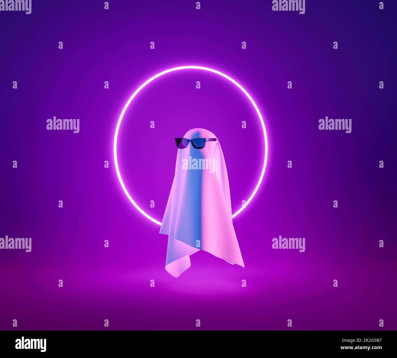 Creative 3D rendering of ghost in dark sunglasses levitating against ...