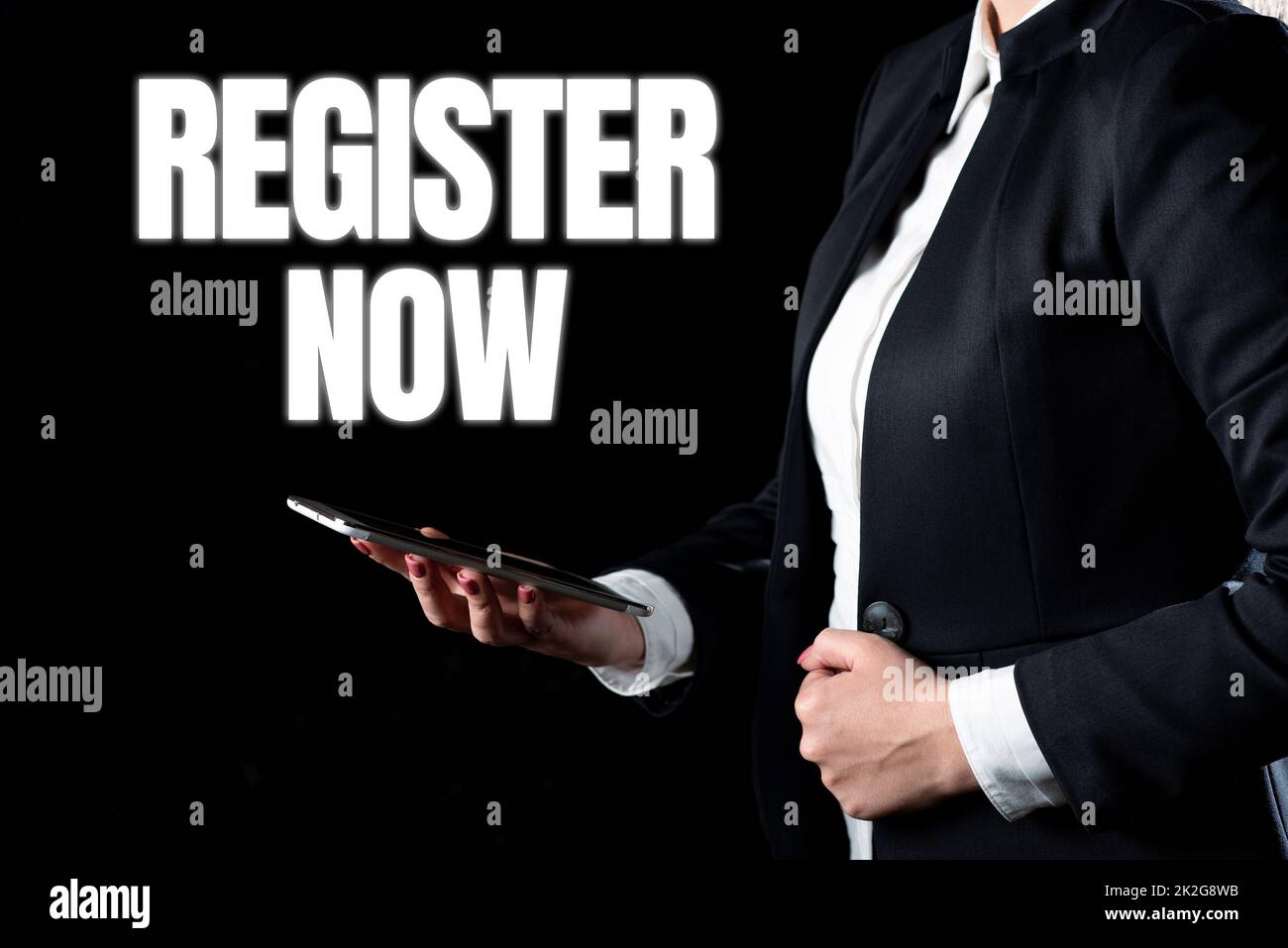 Text caption presenting Register Now. Business overview Name in an ...